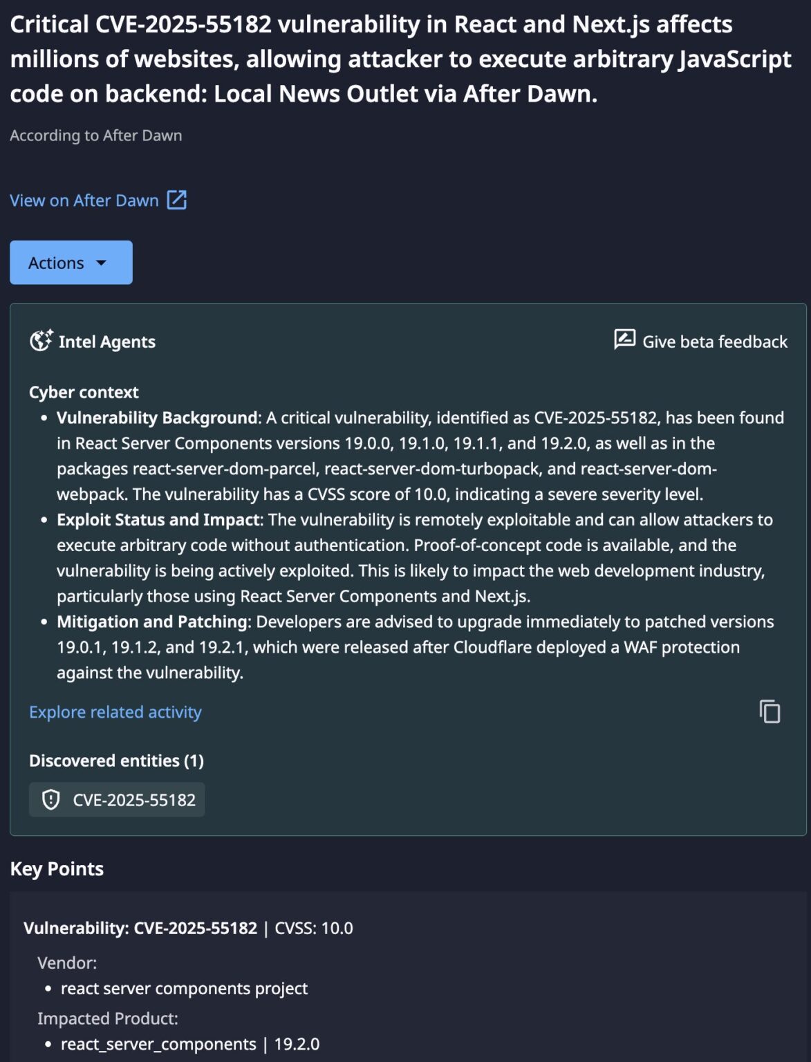 CVE-2025-55182 (React2Shell): Critical RCE Vulnerability in React Server Components - Dataminr